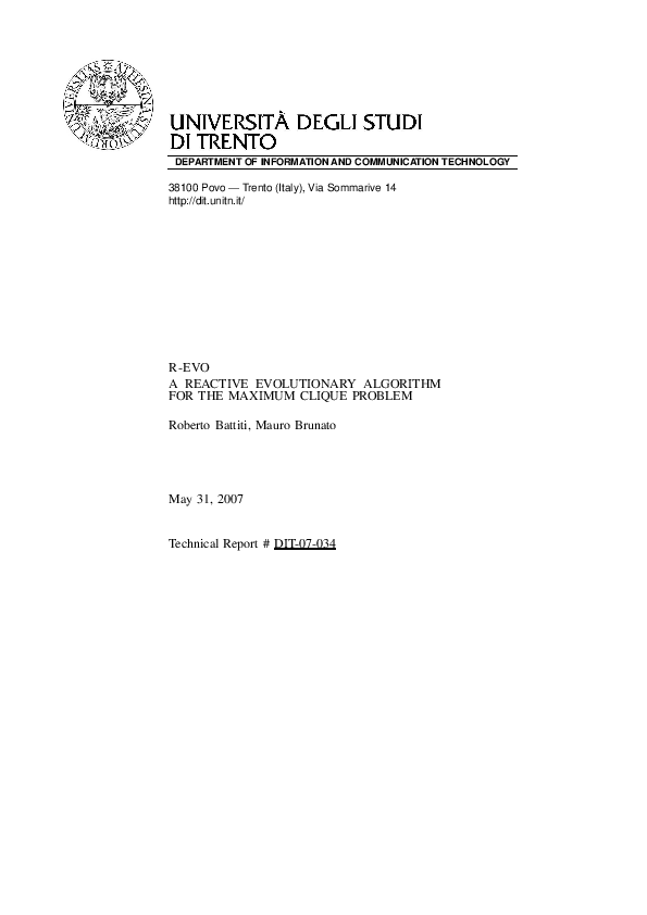 Pdf R Evo A Reactive Evolutionary Algorithm For The Maximum Clique Problem