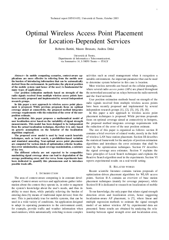 (PDF) Optimal Wireless Access Point Placement for Location-Dependent Services