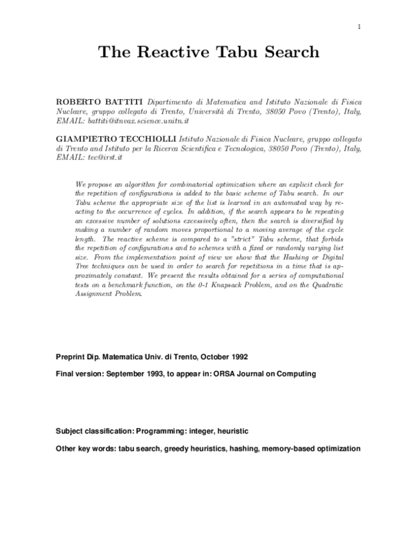 (PDF) The Reactive Tabu Search