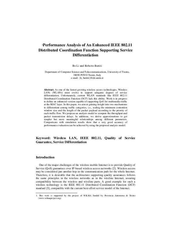 Pdf Performance Analysis Of An Enhanced Ieee 802 11 Distributed Coordination Function