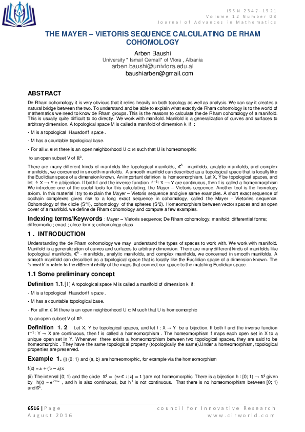 (PDF) The Mayer Vietoris Sequence Calculating De Rham Cohomology