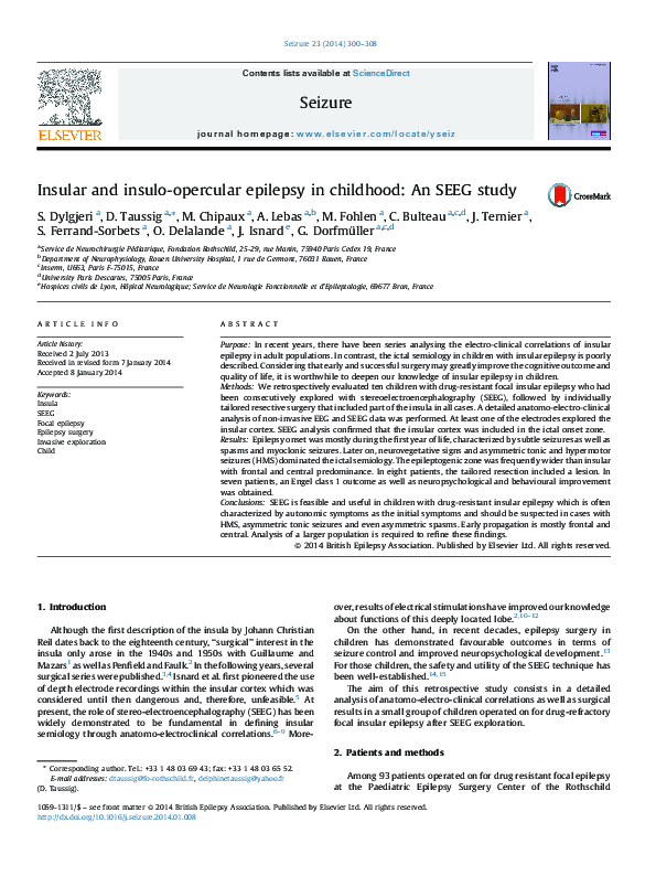 (PDF) Insular and insulo-opercular epilepsy in childhood: An SEEG study