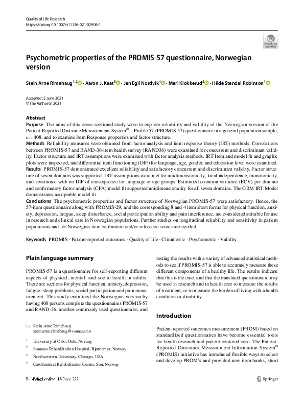(PDF) Psychometric properties of the PROMIS-57 questionnaire, Norwegian ...