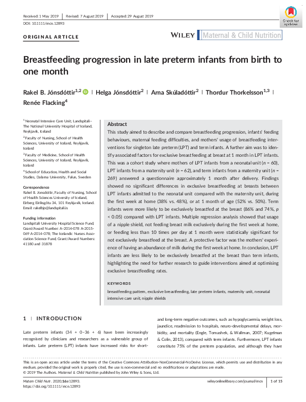 (PDF) Breastfeeding progression in late preterm infants from birth to ...