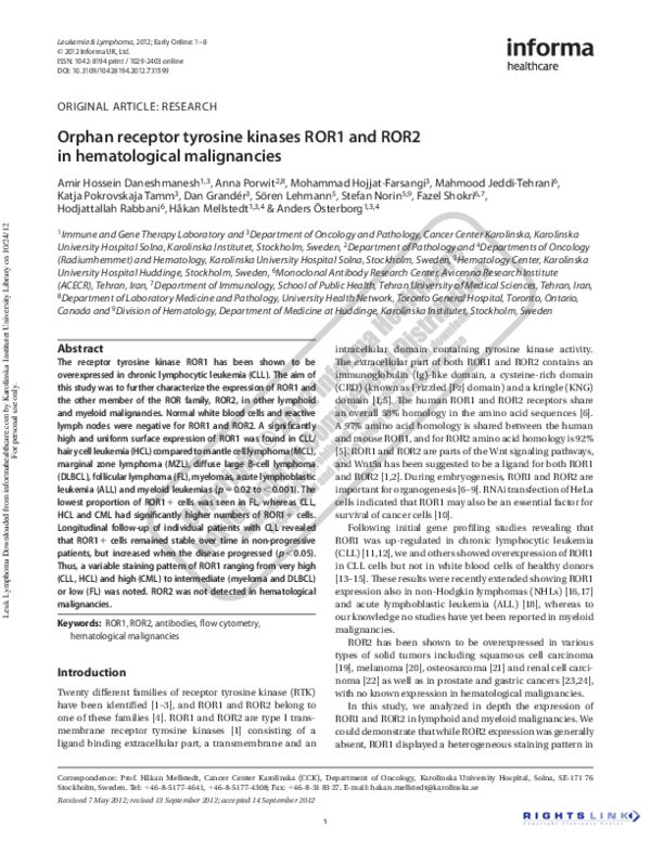 (PDF) Orphan receptor tyrosine kinases ROR1 and ROR2 in hematological ...
