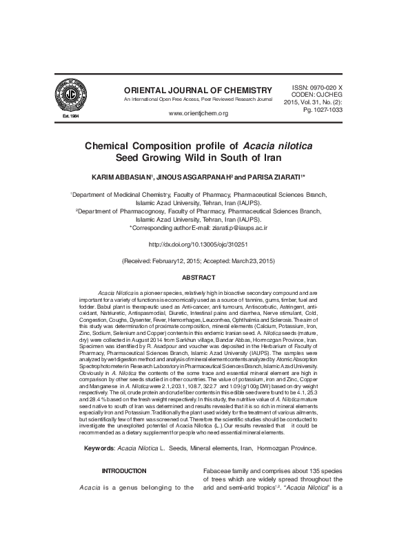 (PDF) Chemical Composition profile of Acacia nilotica Seed Growing Wild ...