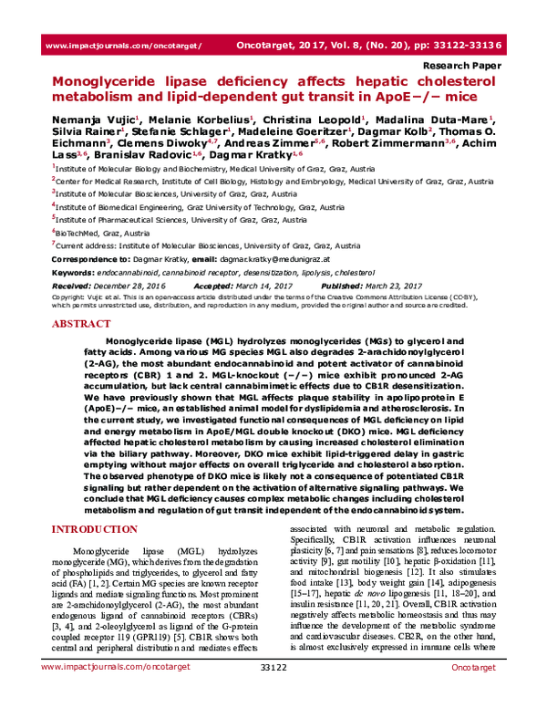(PDF) Monoglyceride lipase deficiency affects hepatic cholesterol metabolism and lipid-dependent ...