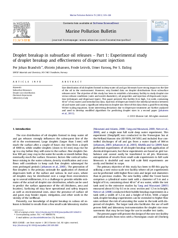 (PDF) Droplet breakup in subsurface oil releases - Part 1: Experimental ...