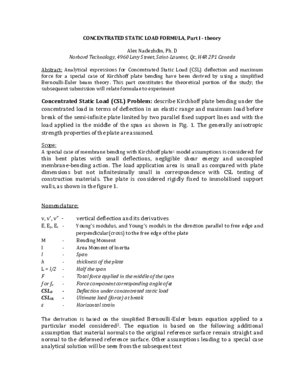 (PDF) CONCENTRATED STATIC LOAD FORMULA, Part I -theory