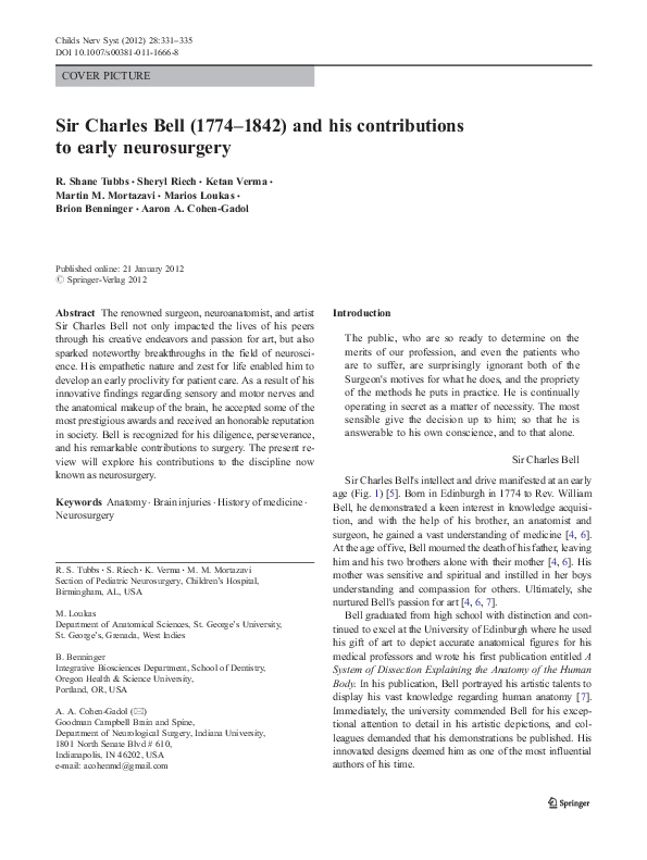 (PDF) Sir Charles Bell (1774–1842) and his contributions to early ...