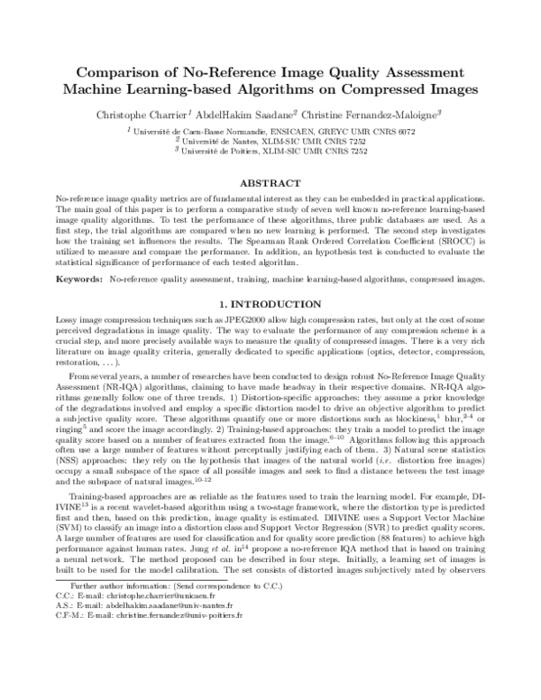 Pdf Comparison Of No Reference Image Quality Assessment Machine Learning Based Algorithms On