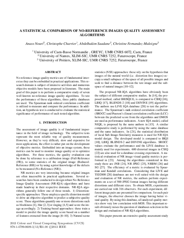 Pdf Statistical Comparison Of No Reference Images Quality Assessment Algorithms Hakim