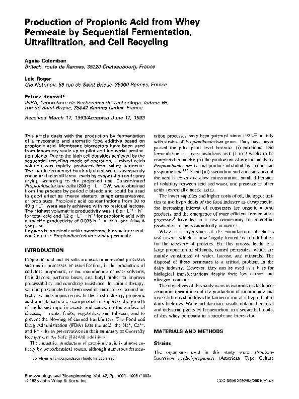 (PDF) Production of propionic acid from whey permeate by sequential ...