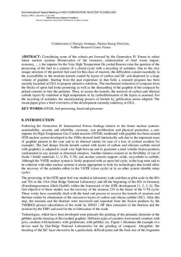 (PDF) HTGR spent fuels processing: The CEA investigation program