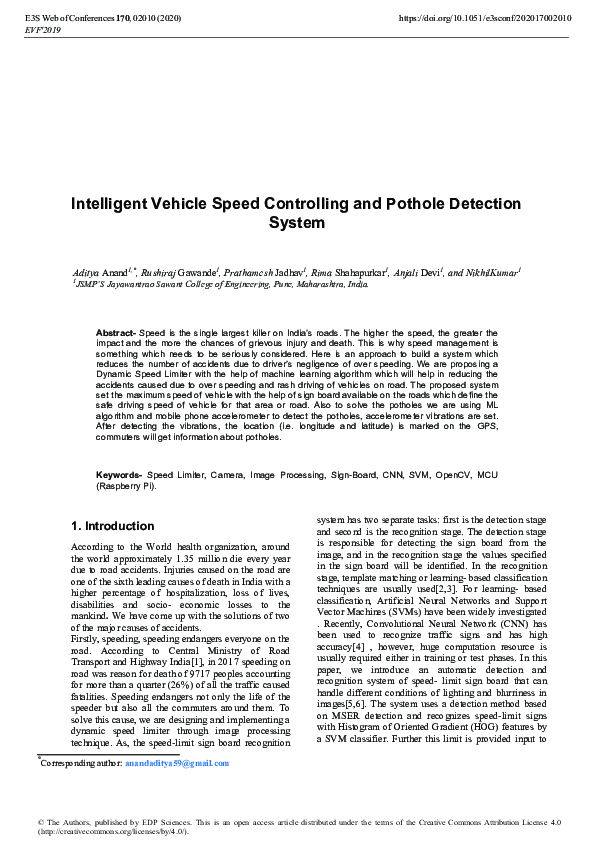 (PDF) Intelligent Vehicle Speed Controlling and Pothole Detection System