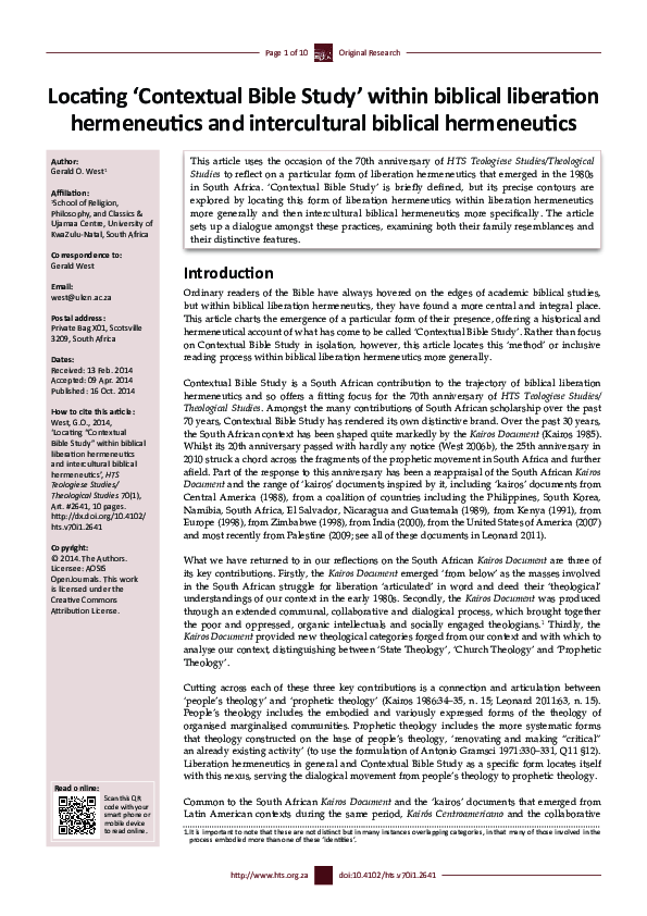 (PDF) Locating ‘Contextual Bible Study’ within biblical liberation ...