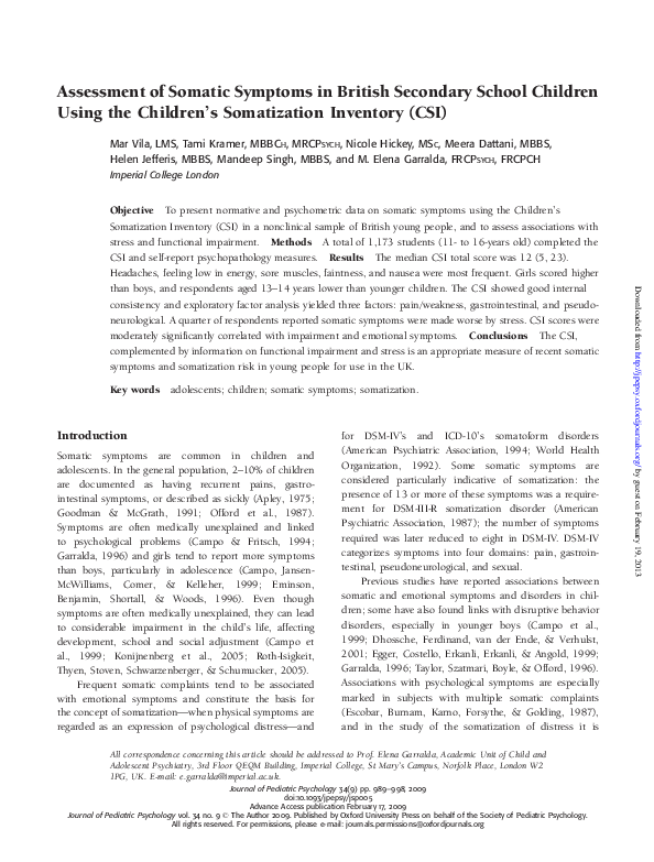 (PDF) Assessment of Somatic Symptoms in British Secondary School ...
