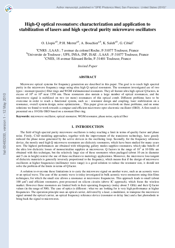 (PDF) High-Q optical resonators: characterization and application to ...