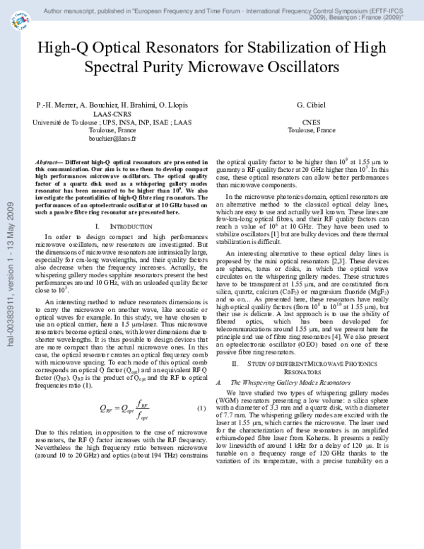 (PDF) High-Q optical resonators for stabilization of high spectral ...