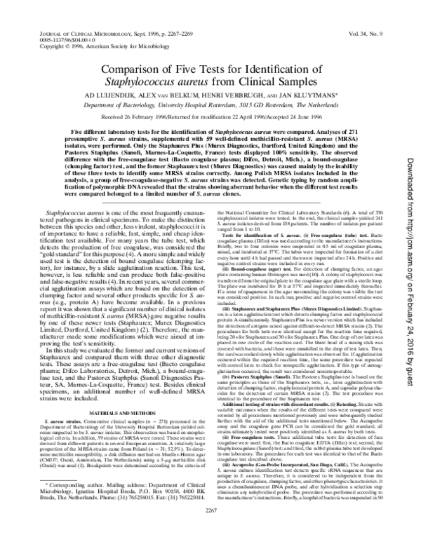 (PDF) Comparison of five tests for identification of Staphylococcus ...