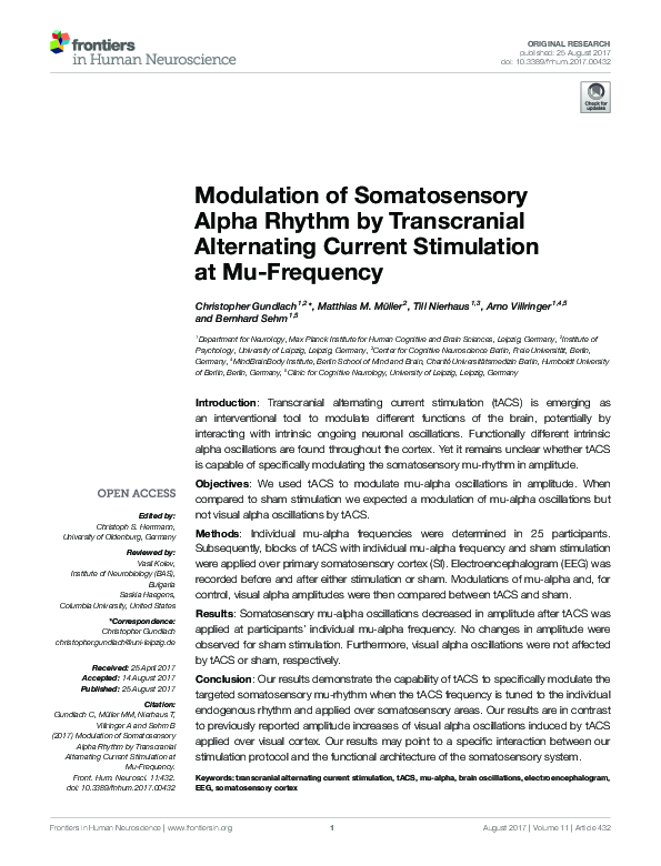 (PDF) Modulation of Somatosensory Alpha Rhythm by Transcranial Alternating Current Stimulation ...