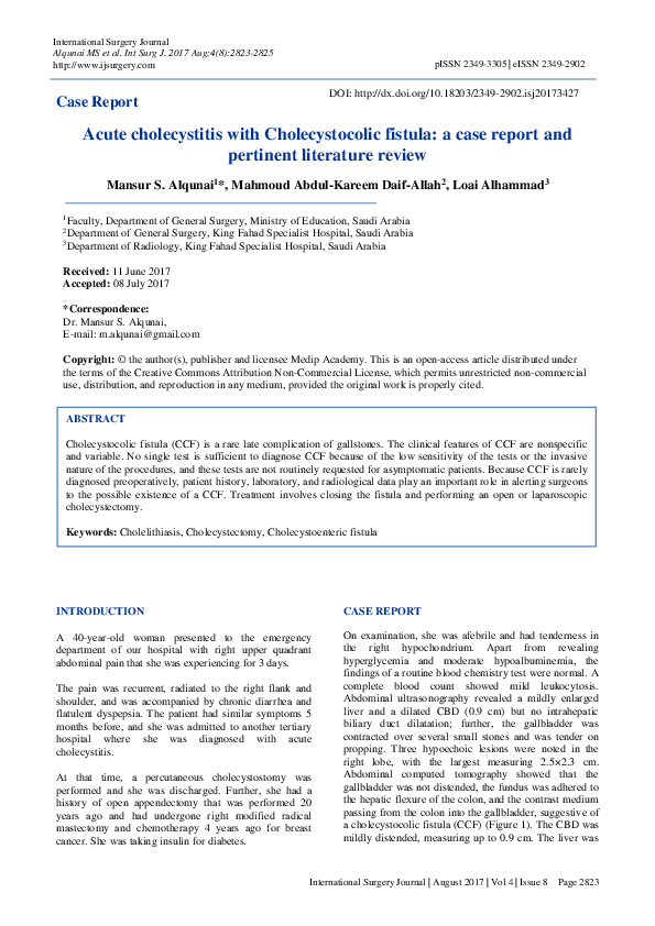 (PDF) Acute cholecystitis with Cholecystocolic fistula: a case report ...