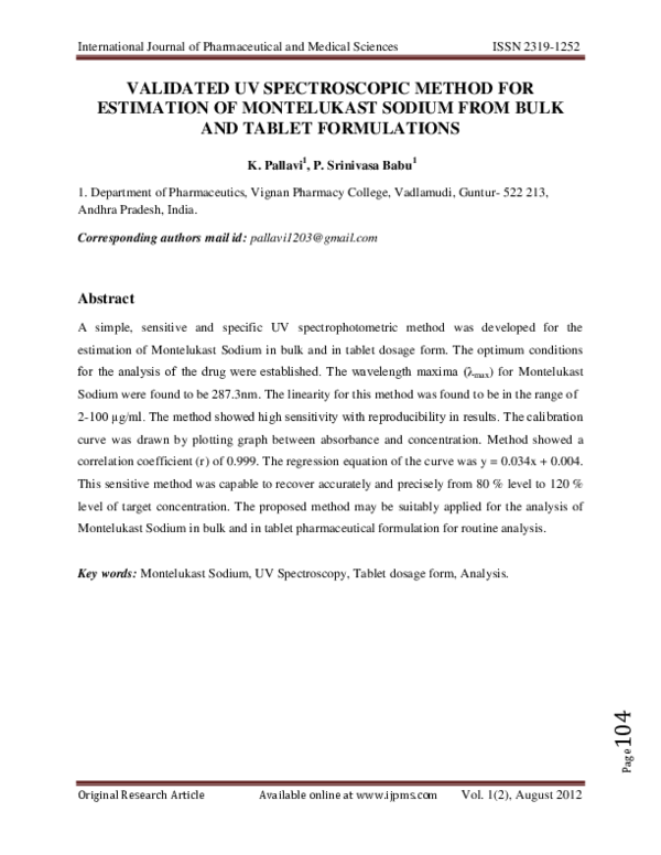 Pdf Validated Uv Spectroscopic Method For Estimation Of Montelukast Sodium From Bulk And