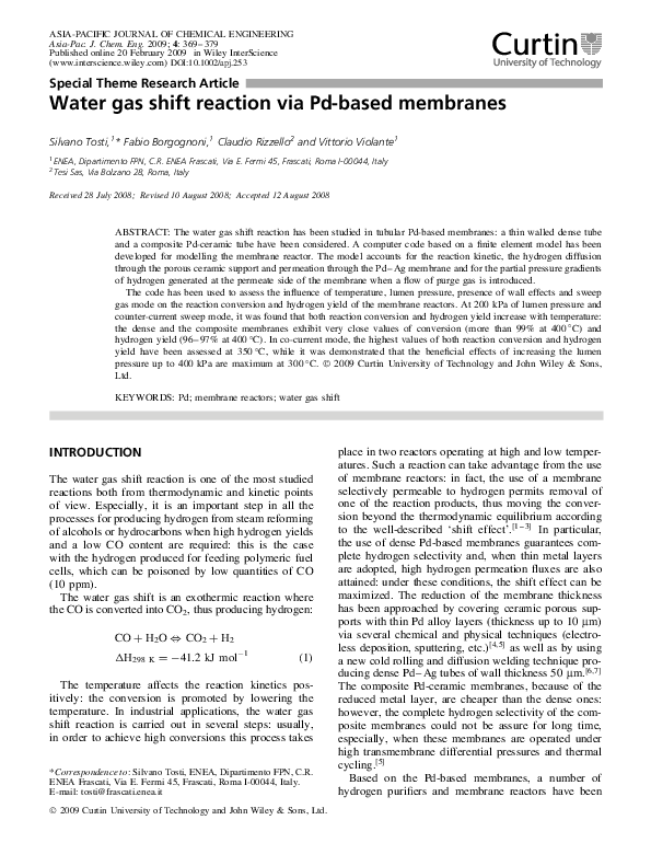 (PDF) Water gas shift reaction via Pd-based membranes