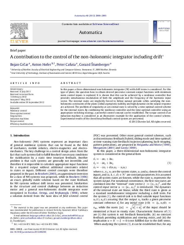 (PDF) Control of Non-Holonomic Integrator with Drift Terms