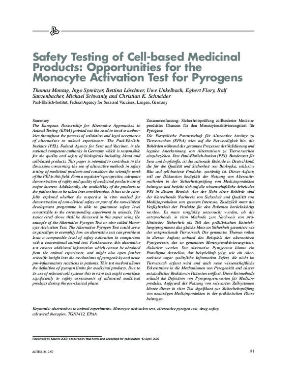 (PDF) Safety testing of cell-based medicinal products: opportunities ...