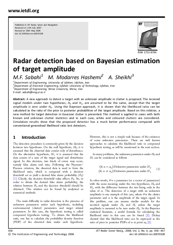 Pdf Radar Detection Based On Bayesian Estimation Of Target Amplitude