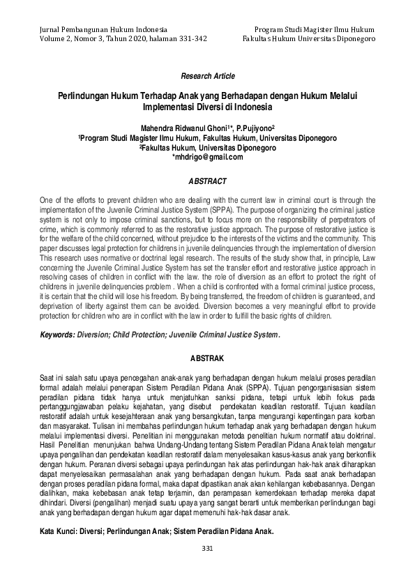 (PDF) Perlindungan Hukum Terhadap Anak yang Berhadapan dengan Hukum Melalui Implementasi Diversi ...