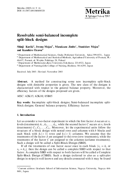 (PDF) Resolvable semi-balanced incomplete split-block designs