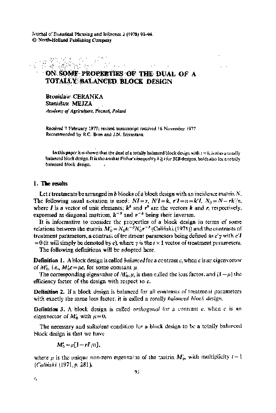 (PDF) On some properties of the dual of a totally balanced block design