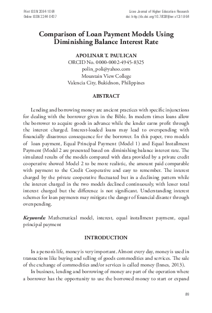 (PDF) Comparison of Loan Payment Models Using Diminishing Balance ...