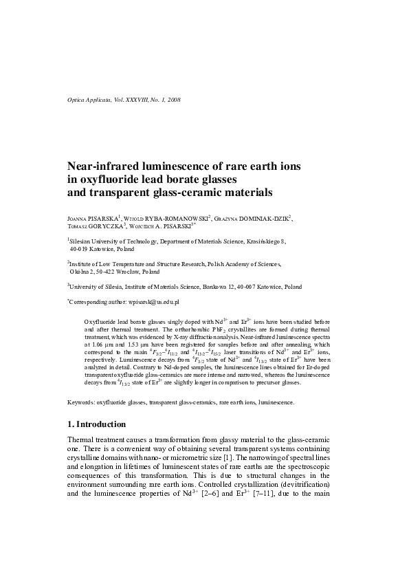 (PDF) Near-infrared luminescence of rare earth ions in oxyfluoride lead ...