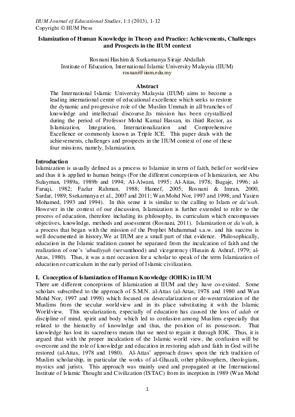 (PDF) Islamization of Human Knowledge in Theory and Practice ...