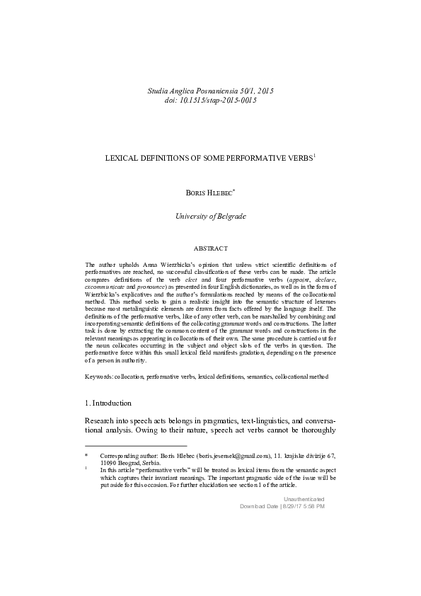 (PDF) Lexical Definitions of Some Performative Verbs