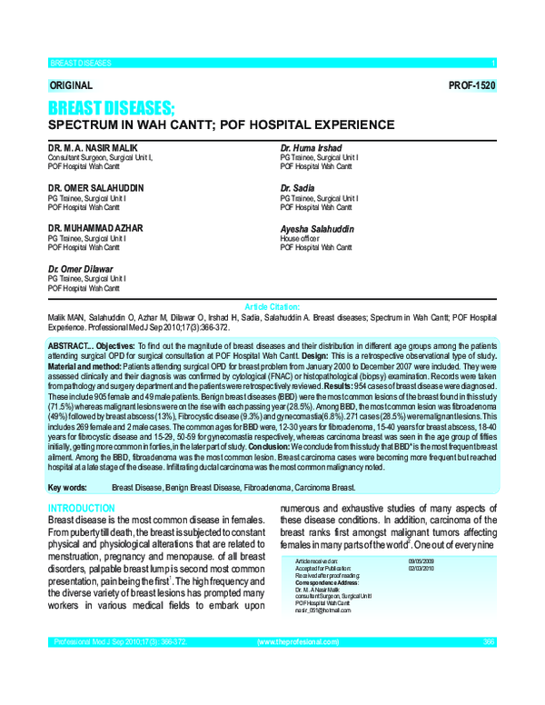 (PDF) Breast Diseases; Spectrum in Wah Cantt.; POF Hospital Experience