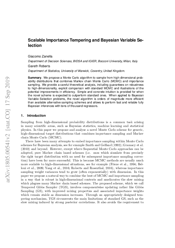 (PDF) Scalable importance tempering and Bayesian variable selection (PDF) Scalable importance tempering and Bayesian variable selection