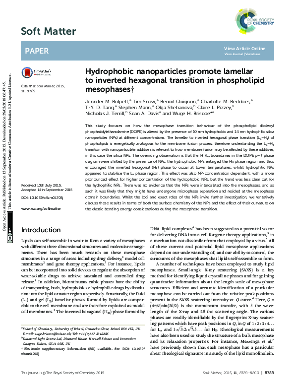 (PDF) Hydrophobic nanoparticles promote lamellar to inverted hexagonal ...