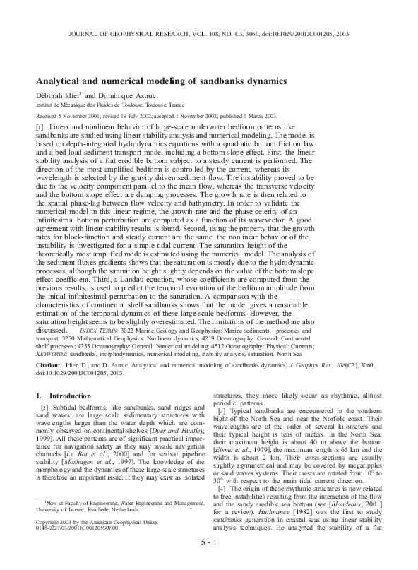 (PDF) Analytical and numerical modeling of sandbanks dynamics (PDF) Analytical and numerical modeling of sandbanks dynamics