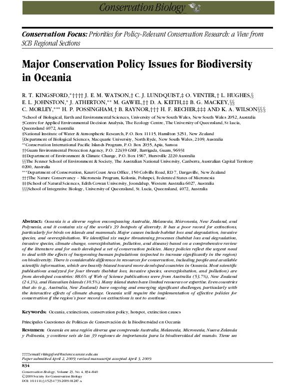 (PDF) Major Conservation Policy Issues for Biodiversity in Oceania