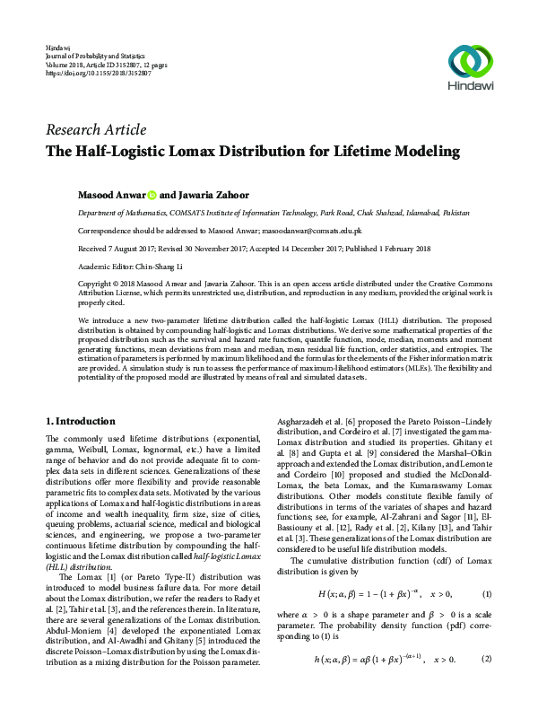 Pdf The Half Logistic Lomax Distribution For Lifetime Modeling