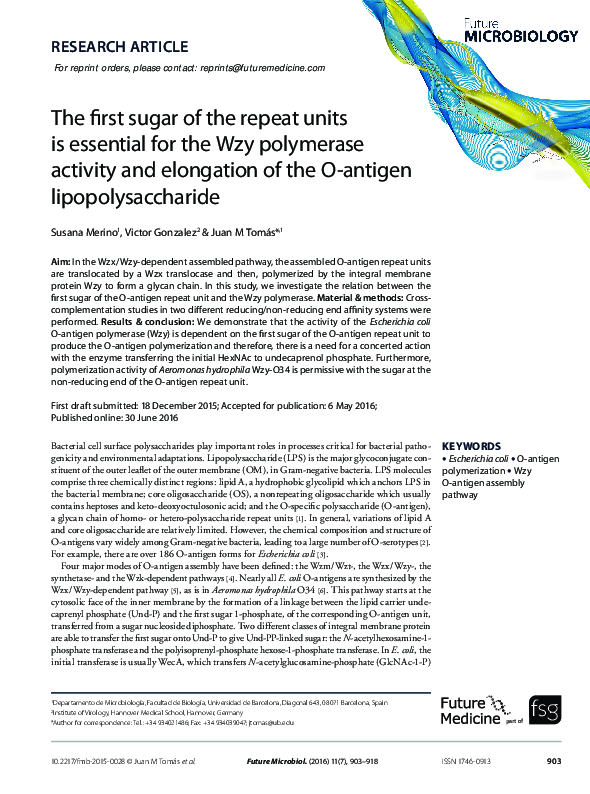 (PDF) The first sugar of the repeat units is essential for the Wzy ...