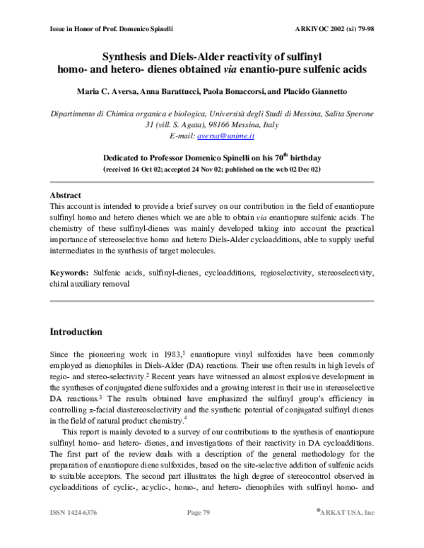 (PDF) Synthesis and Diels-Alder reactivity of sulfinyl homo- and ...