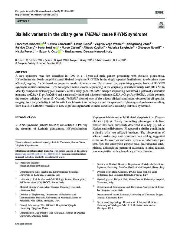 (PDF) Biallelic variants in the ciliary gene TMEM67 cause RHYNS syndrome
