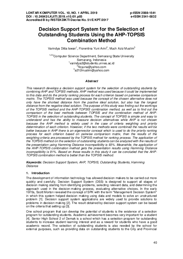 (PDF) Decision Support System for the Selection of Outstanding Students Using the AHP-TOPSIS ...