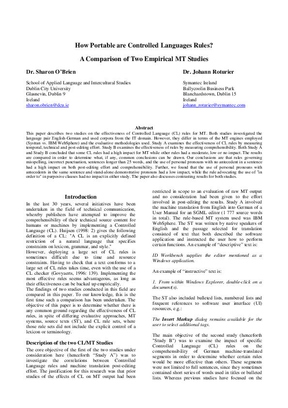 (PDF) How portable are controlled language rules? a comparison of two ...