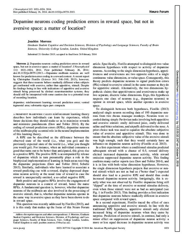 (PDF) Dopamine neurons code prediction errors in reward space, but not in aversive space: a ...
